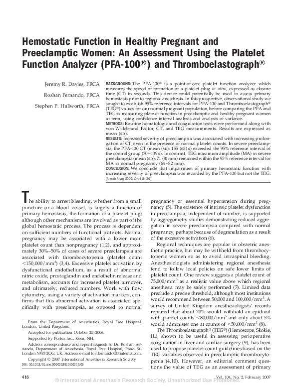 (PDF) Hemostatic Function in Healthy Pregnant and Preeclamptic Women ...