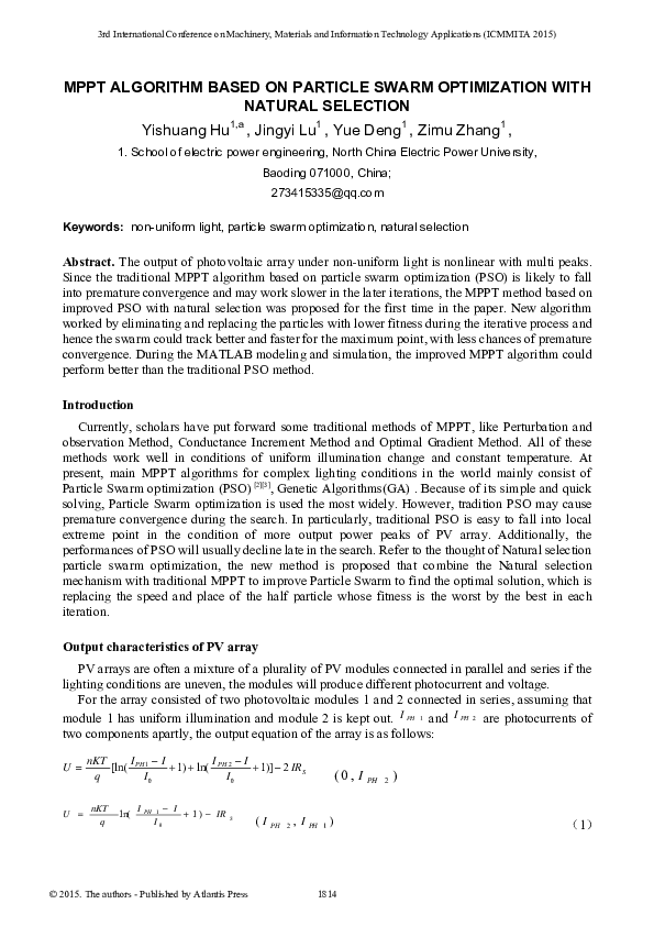 Pdf Mppt Algorithm Based On Particle Swarm Optimization With Natural Selection