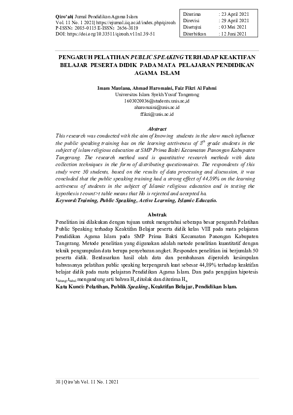 (PDF) Pengaruh Pelatihan Pblic Speaking terhadap Keaktifian Belajar Peserta Didik pada Mata ...