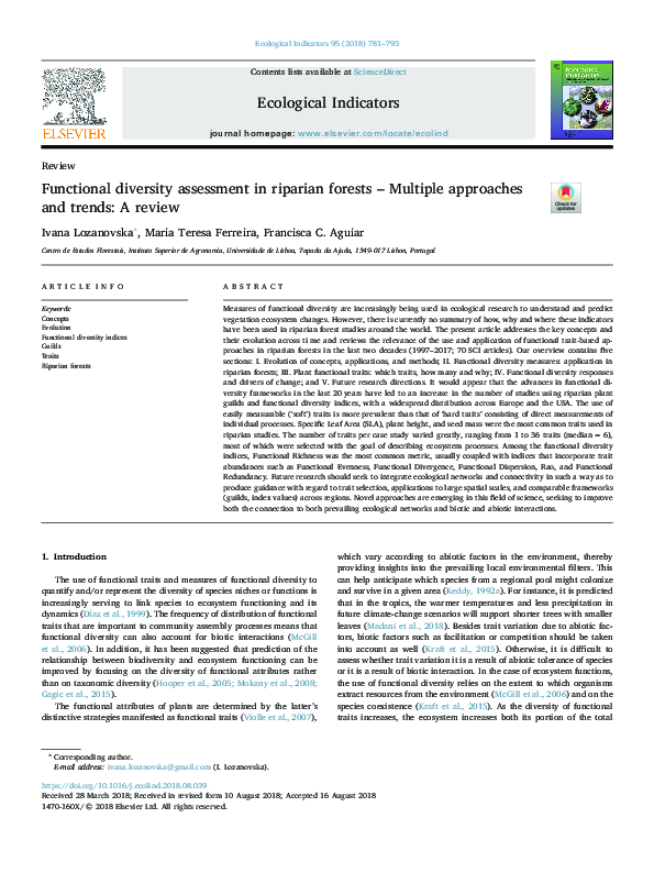 (PDF) Functional diversity assessment in riparian forests – Multiple approaches and trends: A review