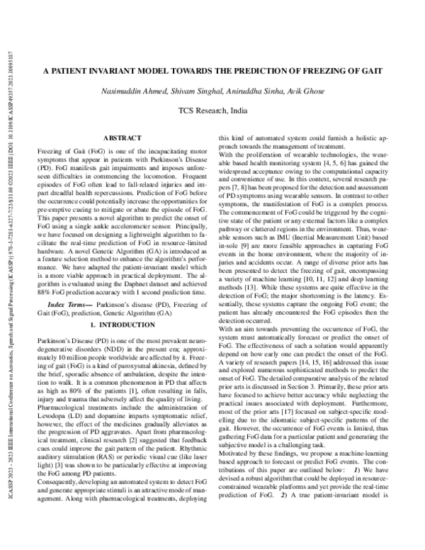 (PDF) A Patient Invariant Model Towards the Prediction of Freezing of Gait