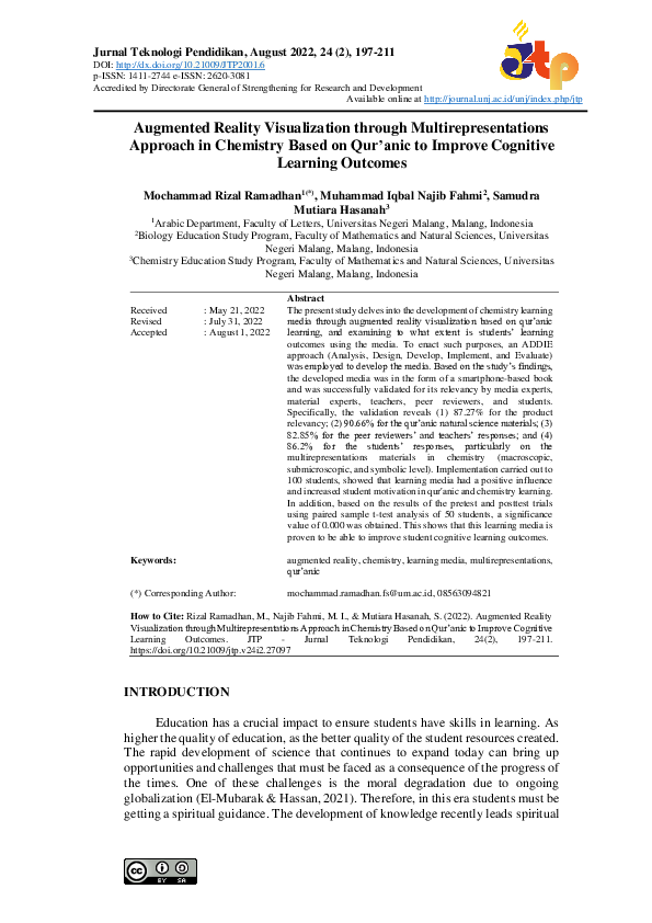 (PDF) Augmented Reality Visualization through Multirepresentations Approach in Chemistry Based ...
