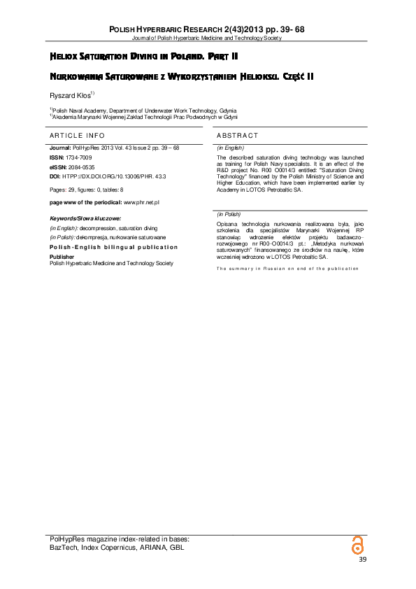 (PDF) Heliox Saturation Diving in Poland. Part II