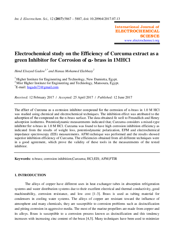 (PDF) Electrochemical study on the Efficiency of Curcuma extract as a ...