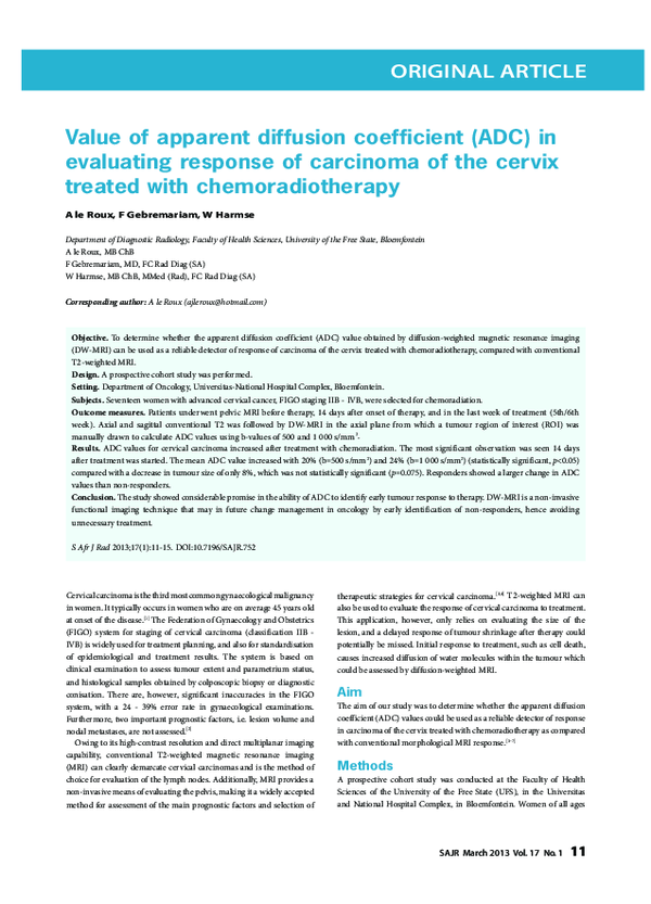 (PDF) Value of apparent diffusion coefficient (ADC) in evaluating ...