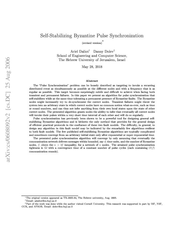 (PDF) Self-stabilizing byzantine pulse synchronization