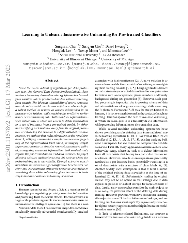 (PDF) Learning to Unlearn: Instance-wise Unlearning for Pre-trained Classifiers