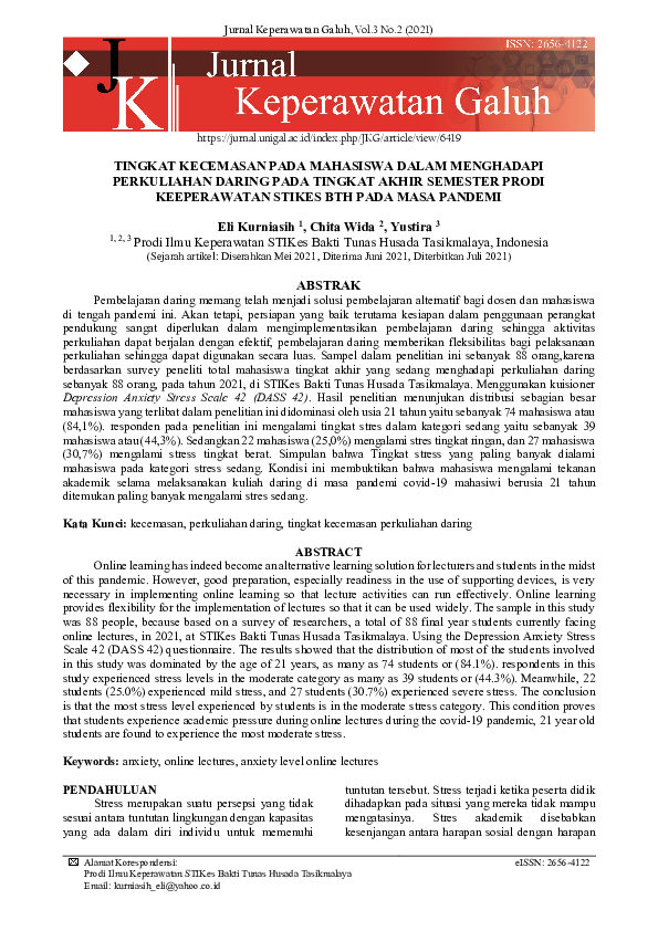 (PDF) Tingkat Kecemasan Pada Mahasiswa Dalam Menghadapi Perkuliahan Daring Pada Tingkat Akhir ...