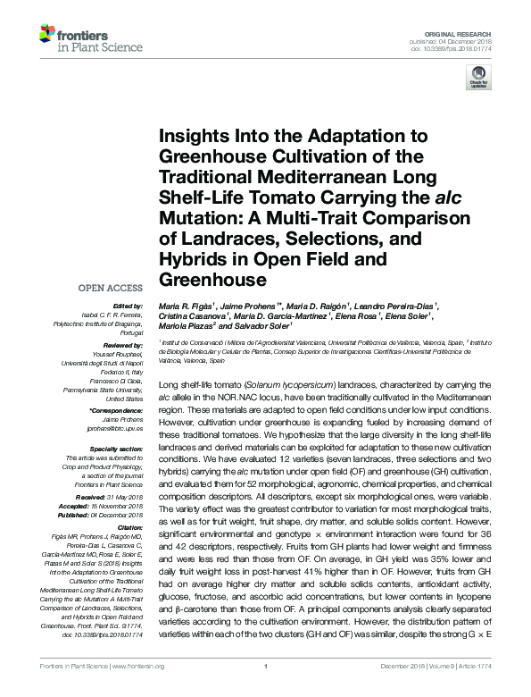 (PDF) Insights Into the Adaptation to Greenhouse Cultivation of the ...
