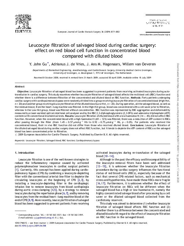 (PDF) Leucocyte filtration of salvaged blood during cardiac surgery ...