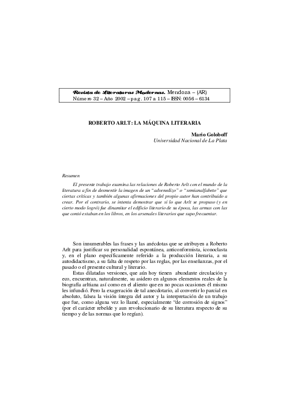 (PDF) Roberto Arlt: la máquina literaria