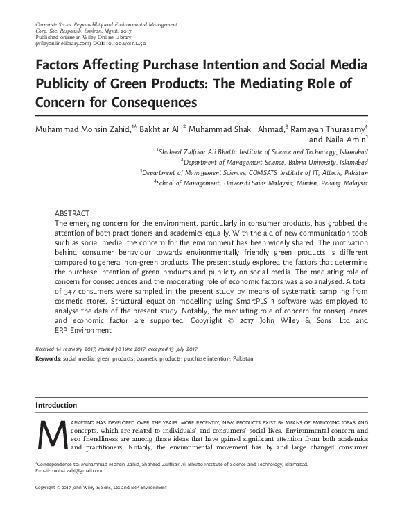 (PDF) Factors Affecting Purchase Intention and Social Media Publicity of Green Products: The ...