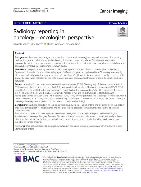 (PDF) Radiology reporting in oncology—oncologists’ perspective