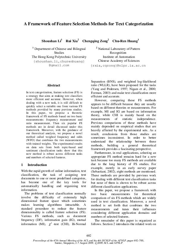 (PDF) A framework of feature selection methods for text categorization