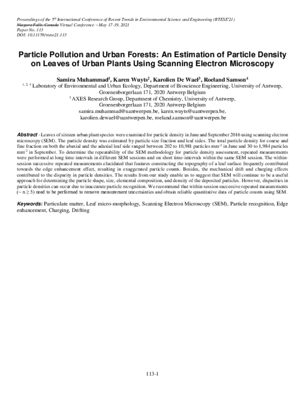 (PDF) Particle Pollution and Urban Forests: An Estimation of Particle Density on Leaves of Urban ...