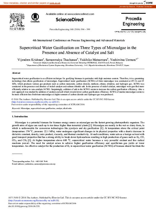 (PDF) Supercritical Water Gasification on Three Types of Microalgae in the Presence and Absence ...