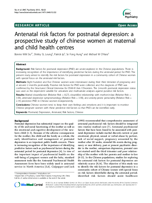 (PDF) Antenatal risk factors for postnatal depression: a prospective ...