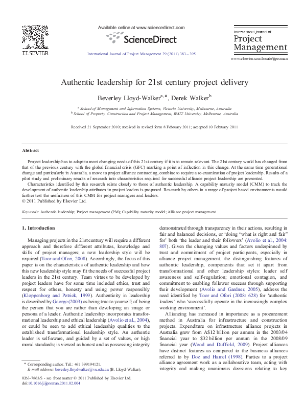 (PDF) Authentic leadership for 21st century project delivery