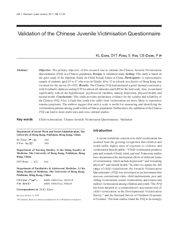 (PDF) Validation of the Chinese Juvenile Victimisation Questionnaire 中國青少年受害問卷調查的成效