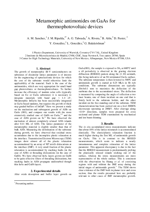(PDF) Metamorphic antimonides on GaAs for thermophotovoltaic devices