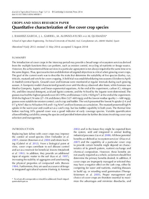 (PDF) Quantitative characterization of five cover crop species (PDF) Quantitative characterization of five cover crop species