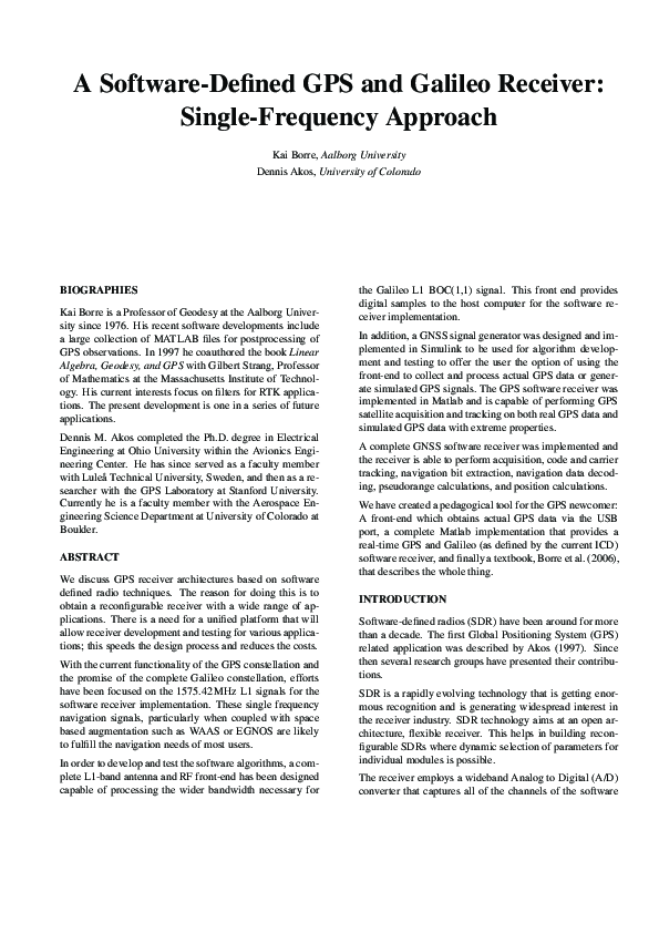(PDF) A software-defined GPS and Galileo receiver: a single-frequency approach