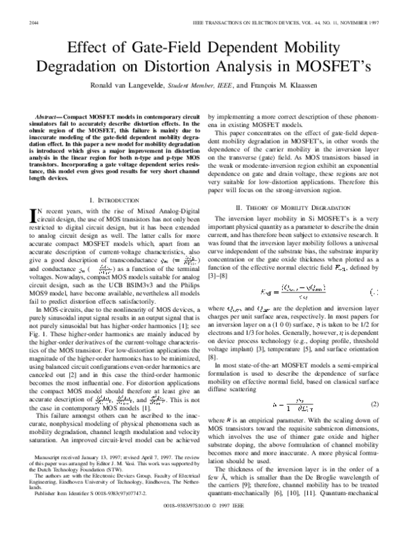 Pdf Effect Of Gate Field Dependent Mobility Degradation On Distortion Analysis In Mosfets