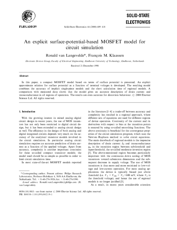 Pdf An Explicit Surface Potential Based Mosfet Model For Circuit