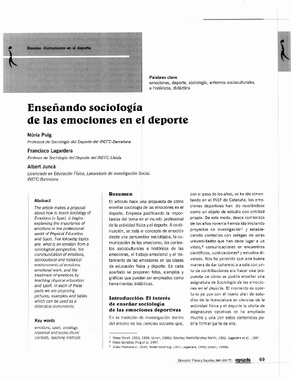 (PDF) Enseñando sociología de las emociones en el deporte