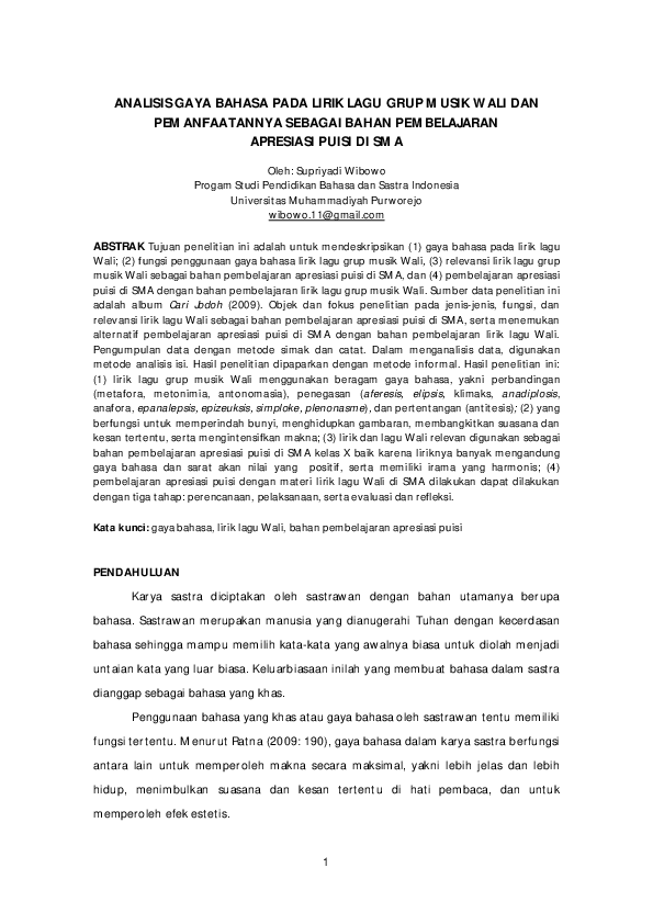 (PDF) Analisis Gaya Bahasa Pada Lirik Lagu Grup Musik Wali Dan Pemanfaatannya Sebagai Bahan ...