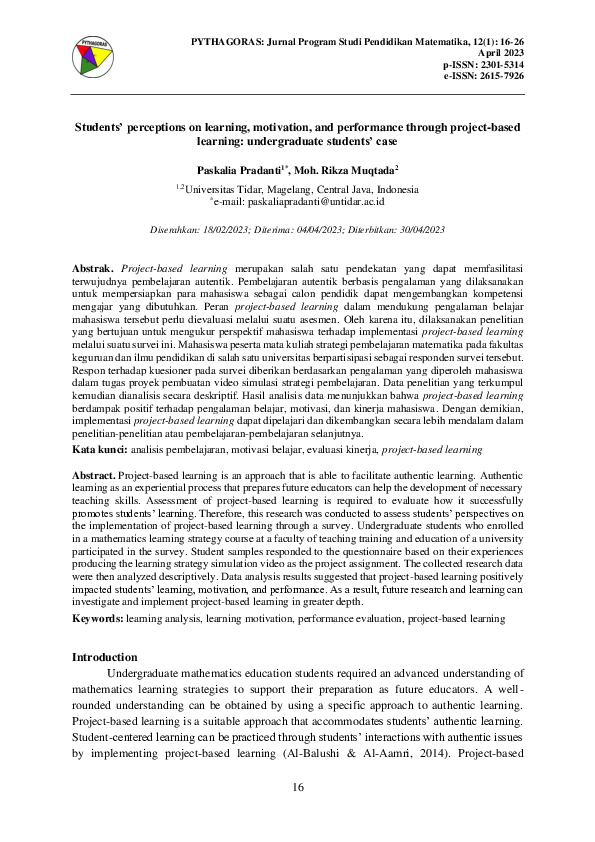(PDF) Students’ perceptions on learning, motivation, and performance through project-based ...