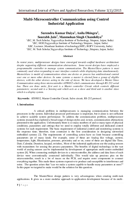 Pdf Multi Microcontroller Communication Using Control Industrial Application