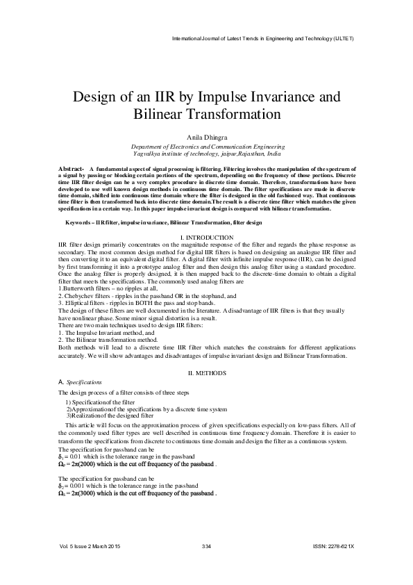 Pdf Design Of An Iir By Impulse Invariance And Bilinear Transformation