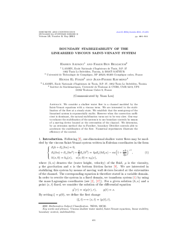 (PDF) Boundary stabilizability of the linearized viscous Saint-Venant system