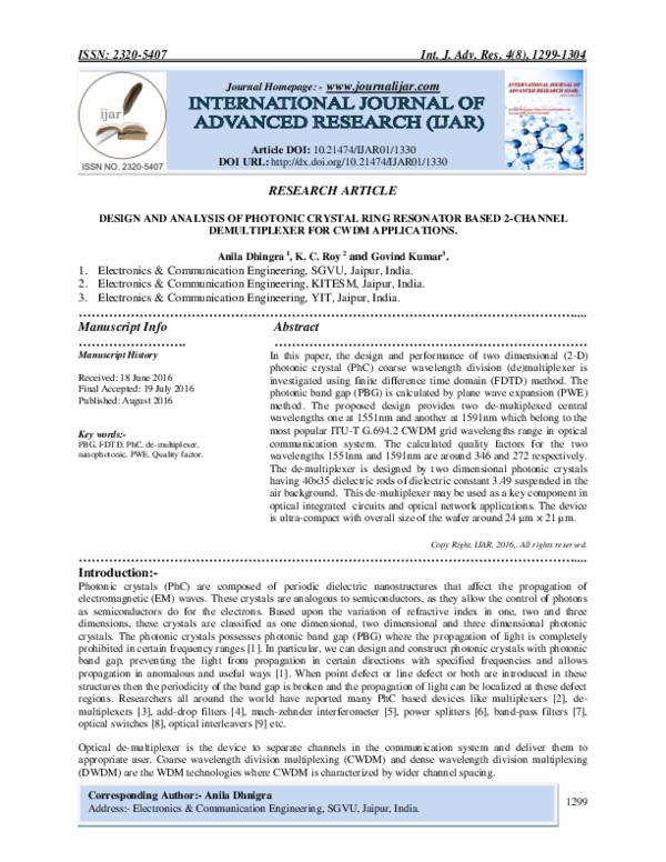 (PDF) Design and Analysis of Photonic Crystal Ring Resonator Based 2-CHANNEL Demultiplexer for ...