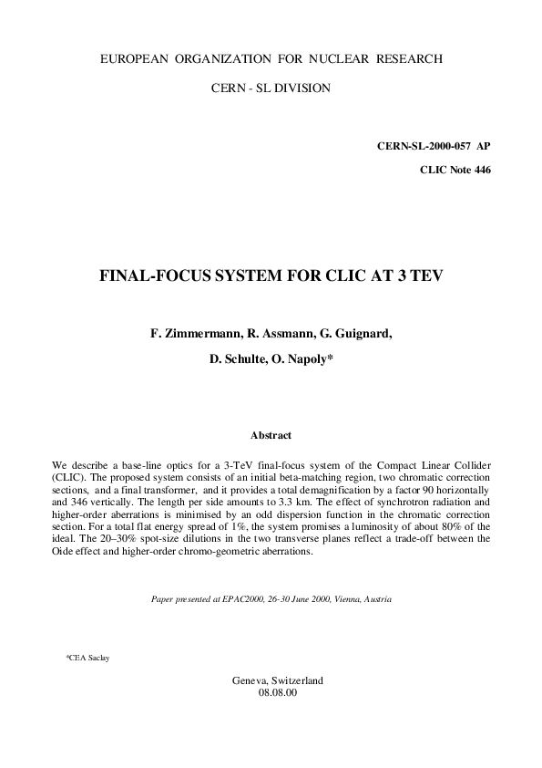 (PDF) Final-Focus System for CLIC at 3 TeV