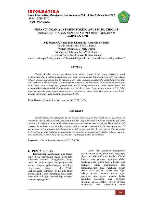 Pdf Perancangan Alat Monitoring Arus Pada Circuit Breaker Dengan Sensor Acs712 Menggunakan