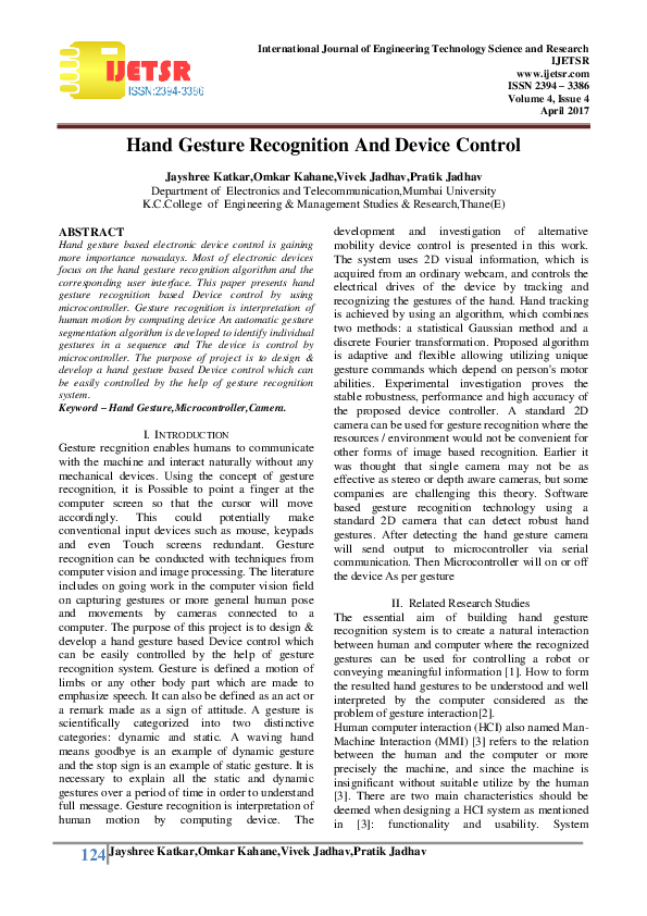 (PDF) Hand Gesture Recognition And Device Control