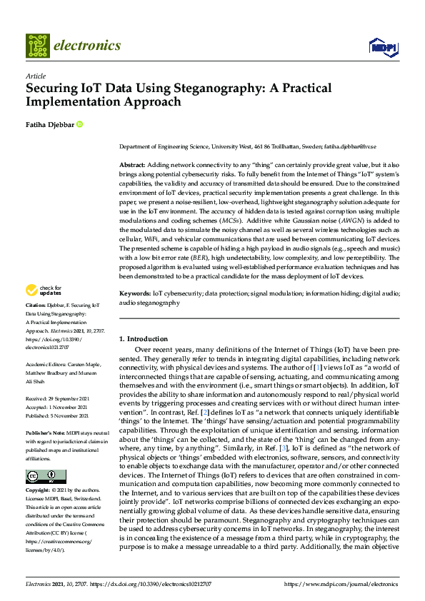 Pdf Securing Iot Data Using Steganography A Practical Implementation Approach