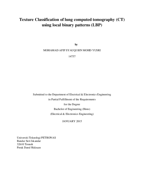(PDF) Texture Classification of lung computed tomography (CT) using local binary patterns (LBP)