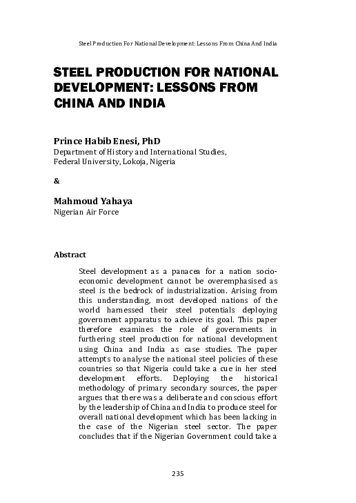 (PDF) STEEL PRODUCTION FOR NATIONAL DEVELOPMENT: LESSONS FROM CHINA AND ...