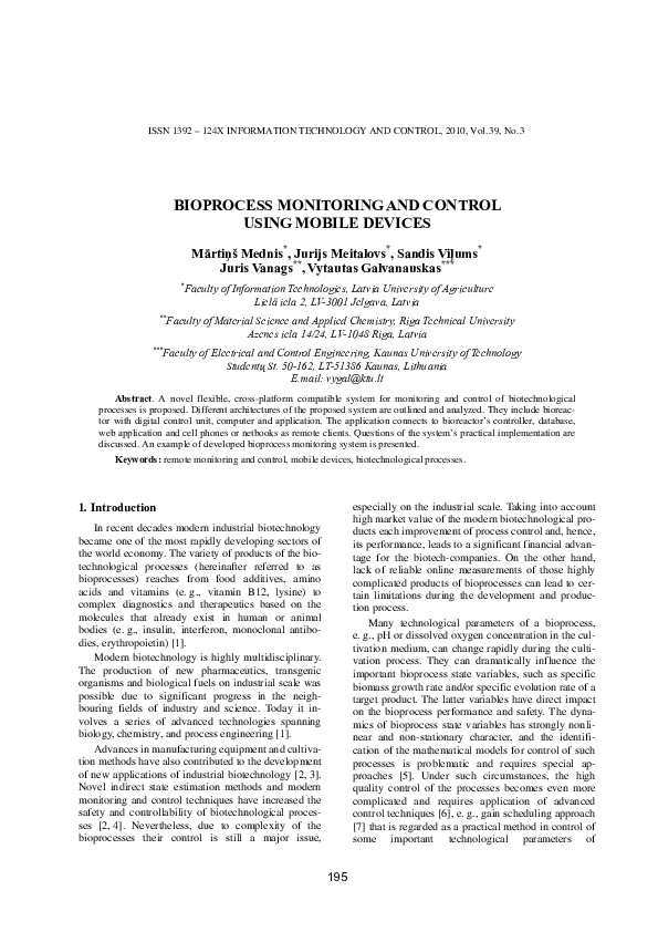 Pdf Bioprocess Monitoring And Control Using Mobile Devices
