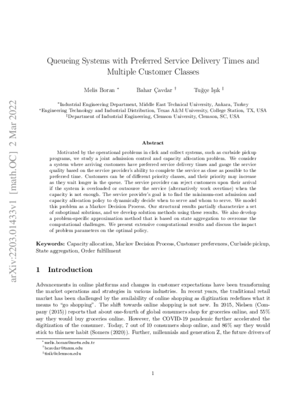 (PDF) Queueing Systems with Preferred Service Delivery Times and Multiple Customer Classes