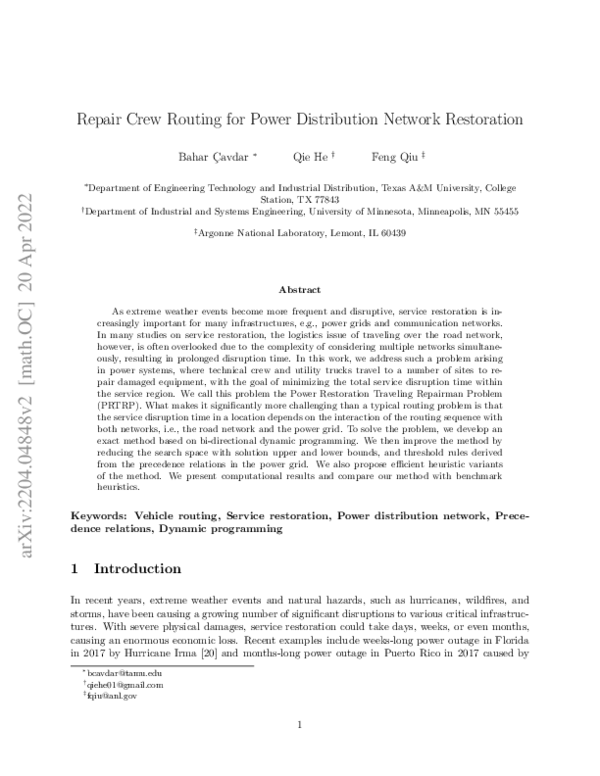 Pdf Repair Crew Routing For Power Distribution Network Restoration