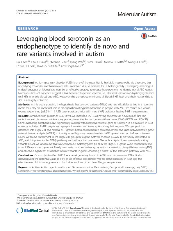 (PDF) Leveraging blood serotonin as an endophenotype to identify de ...