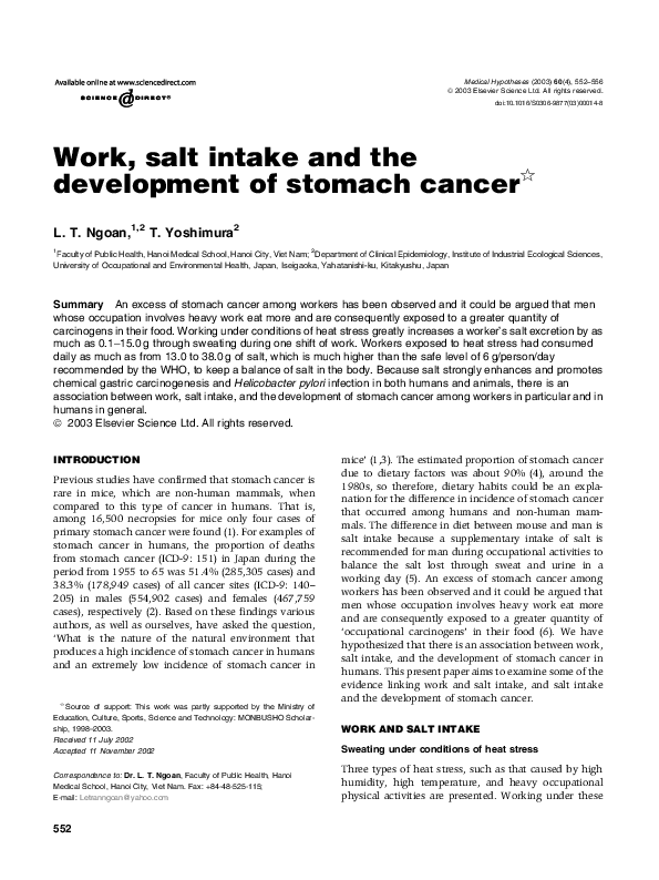 (PDF) Work, salt intake and the development of stomach cancer