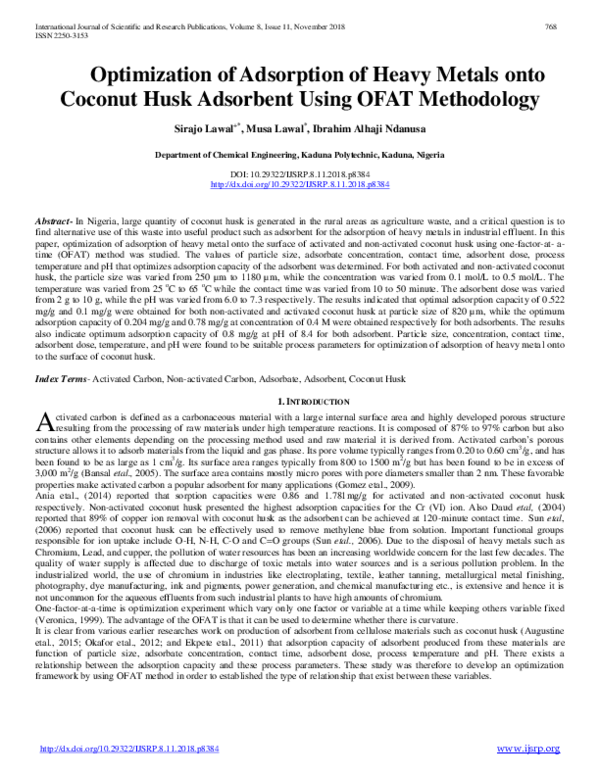 (PDF) Optimization of Adsorption of Heavy Metals onto Coconut Husk Adsorbent Using OFAT Methodology