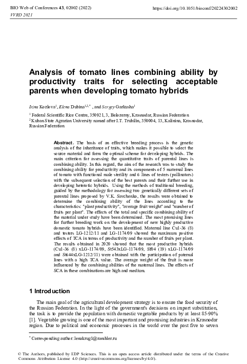 (PDF) Analysis of tomato lines combining ability by productivity traits for selecting acceptable ...