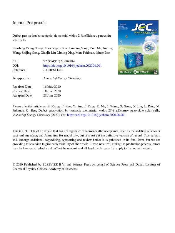 (PDF) Defect passivation by nontoxic biomaterial yields 21% efficiency perovskite solar cells