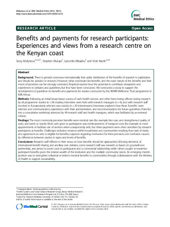 (PDF) Benefits and payments for research participants: Experiences and ...